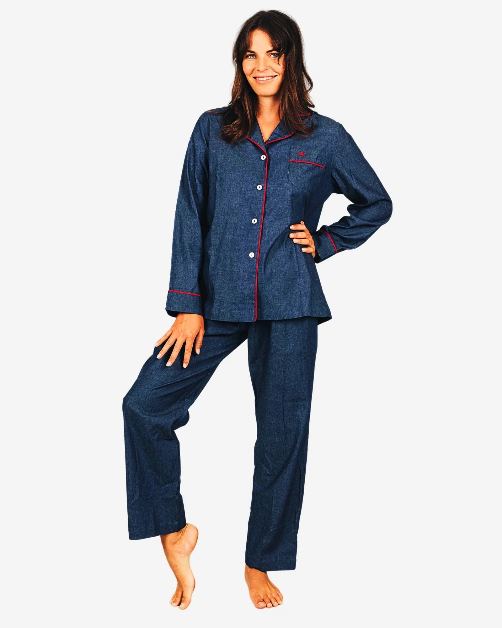 Women's Dark Blue Denim Pyjamas with Red Piping | Flattering Fit ...